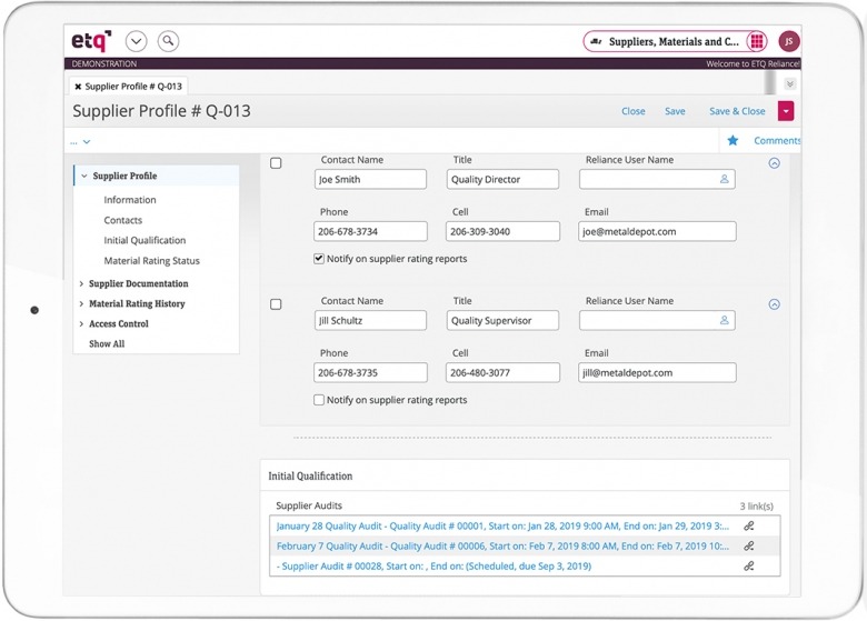 Suppliers, Materials and Chemicals Software | ETQ Reliance®